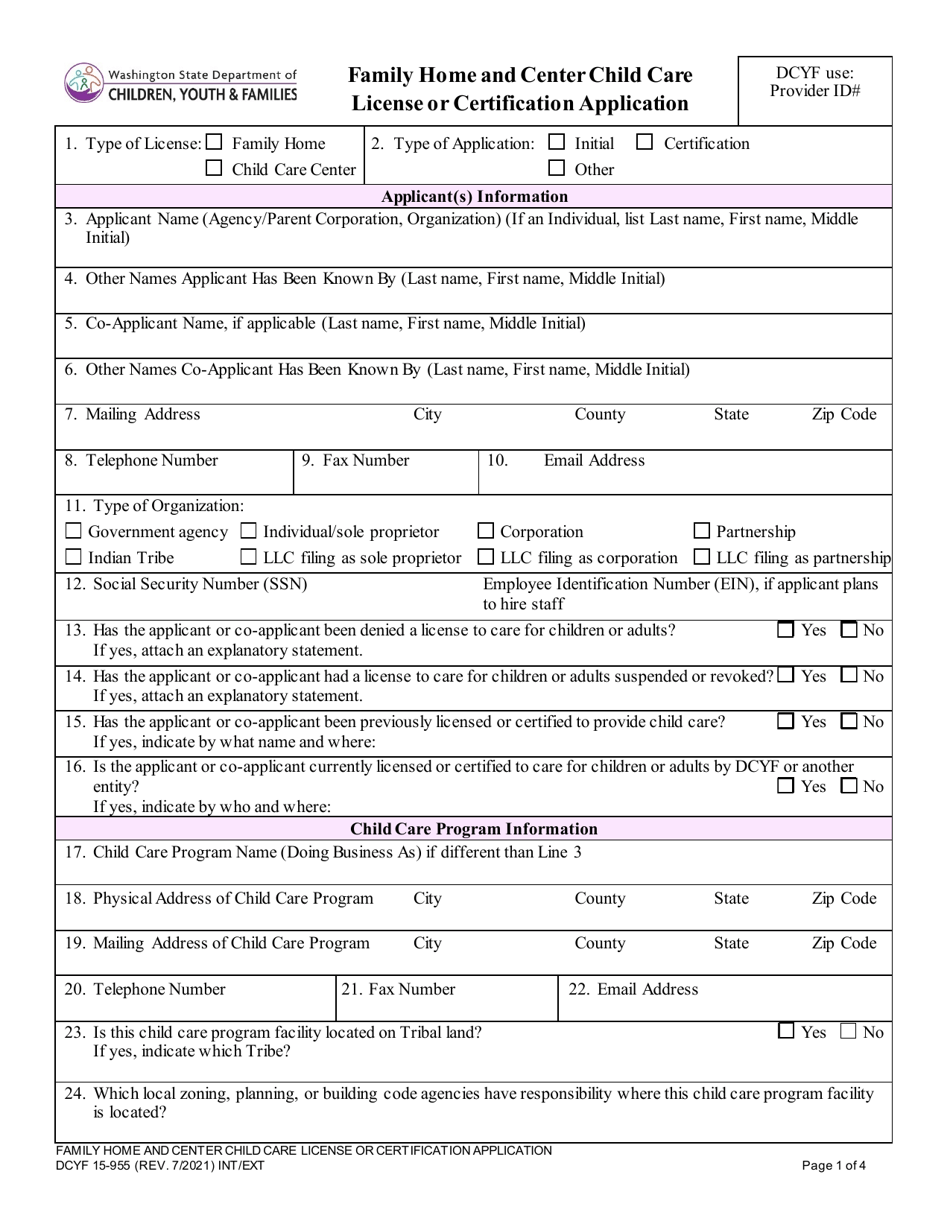 DCYF Form 15-955 Download Fillable PDF or Fill Online Family Home and ...