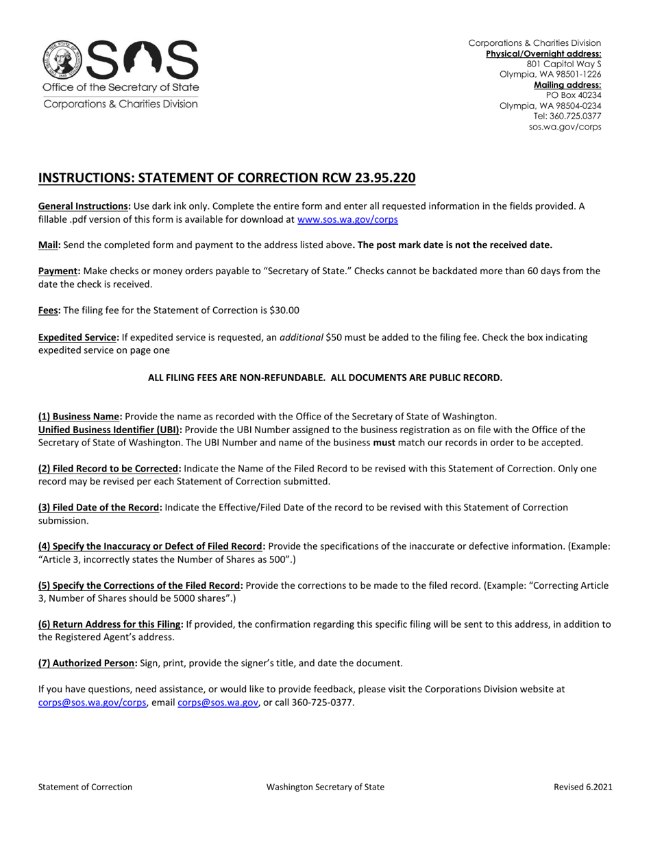 Washington Statement of Correction - Fill Out, Sign Online and Download ...