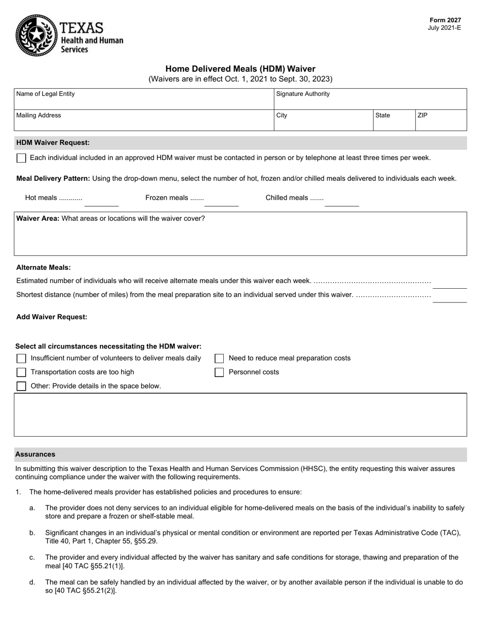Form 2027 Download Fillable PDF or Fill Online Home Delivered Meals ...