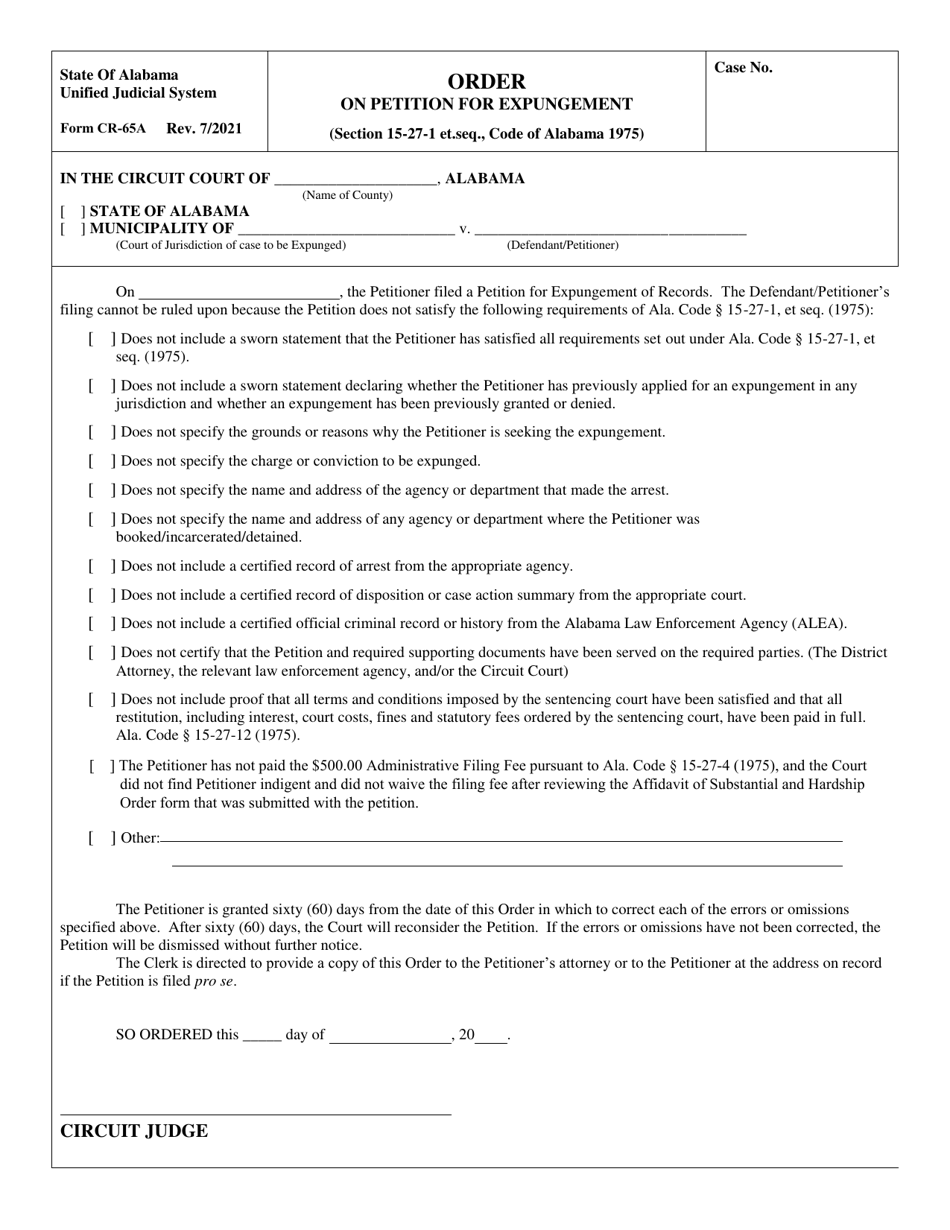 Form CR-65A Download Fillable PDF or Fill Online Order on Petition for ...