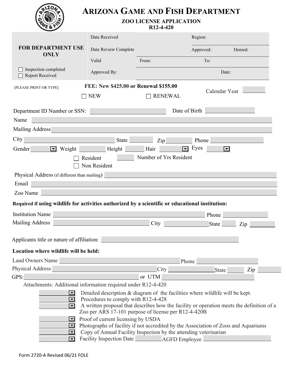 Form 2720-A Download Printable PDF or Fill Online Zoo License ...