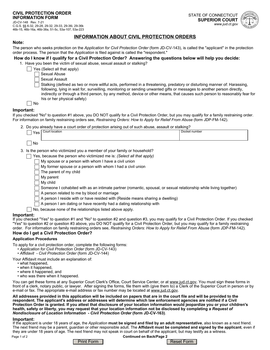 Form JD-CV-148 Download Fillable PDF or Fill Online Civil Protection ...