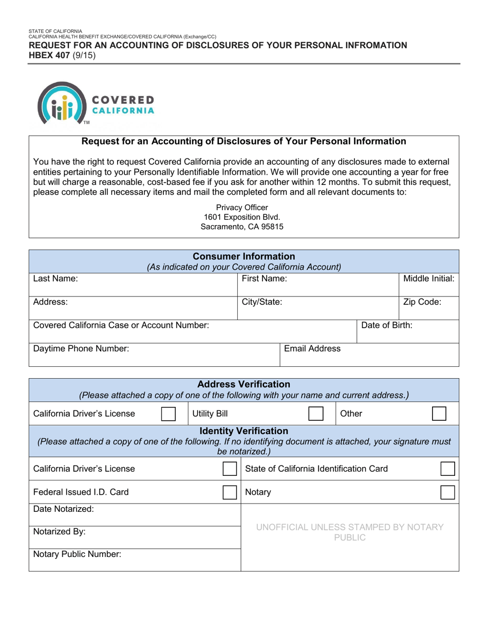 Form HBEX407 - Fill Out, Sign Online and Download Fillable PDF ...