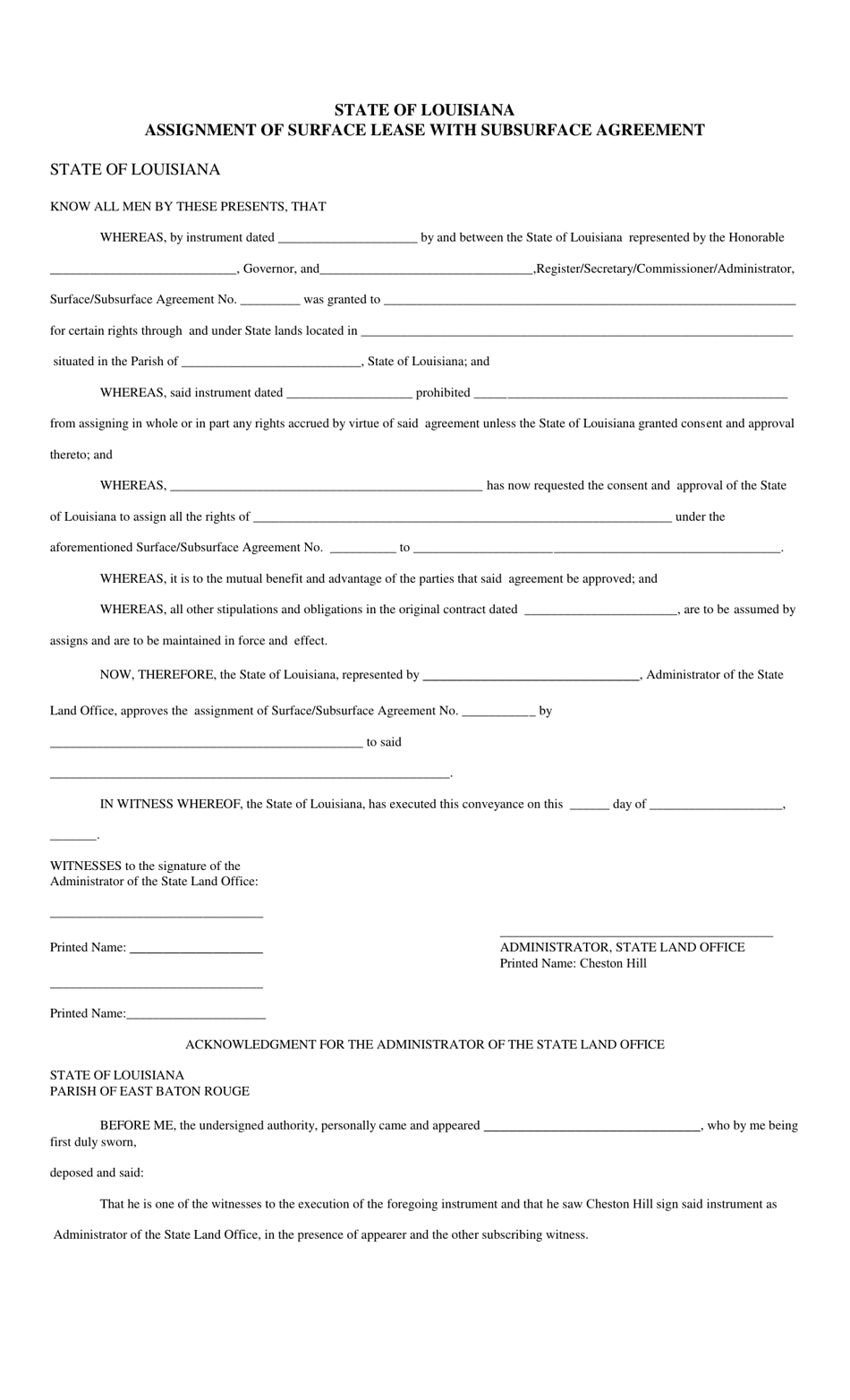 Louisiana Assignment of Surface Lease With Subsurface Agreement - Fill ...