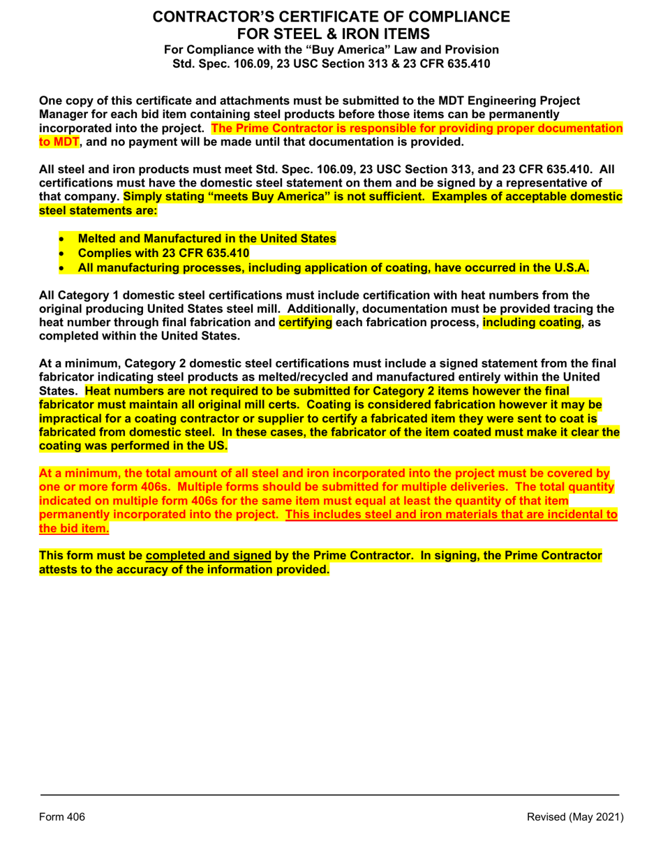 Form 406 Download Fillable PDF or Fill Online Contractor's Certificate ...