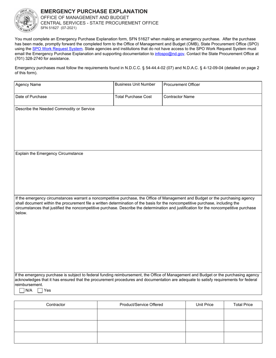 Form SFN51627 Download Fillable PDF or Fill Online Emergency Purchase ...