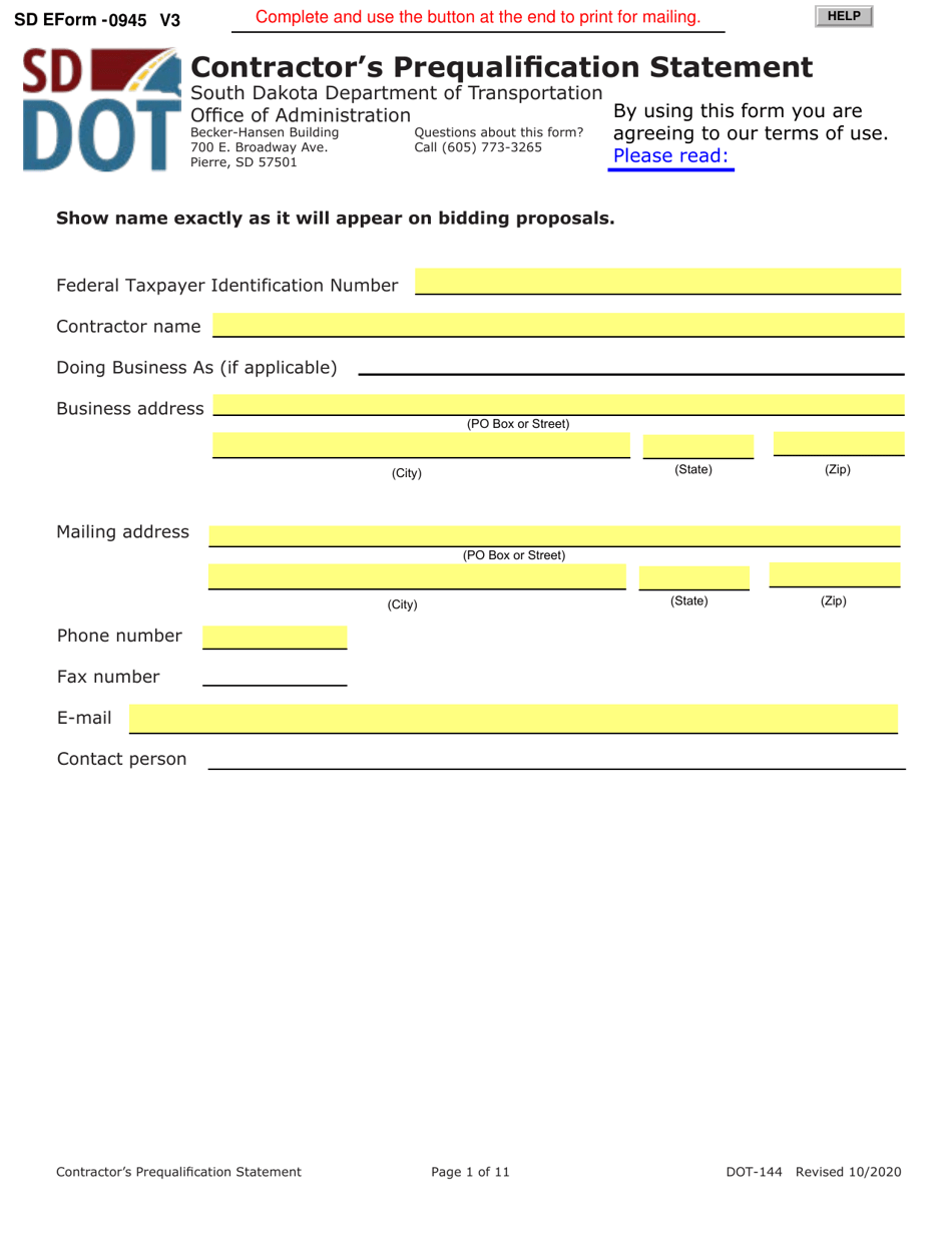 Form DOT-144 (SD Form 0945) - Fill Out, Sign Online and Download ...