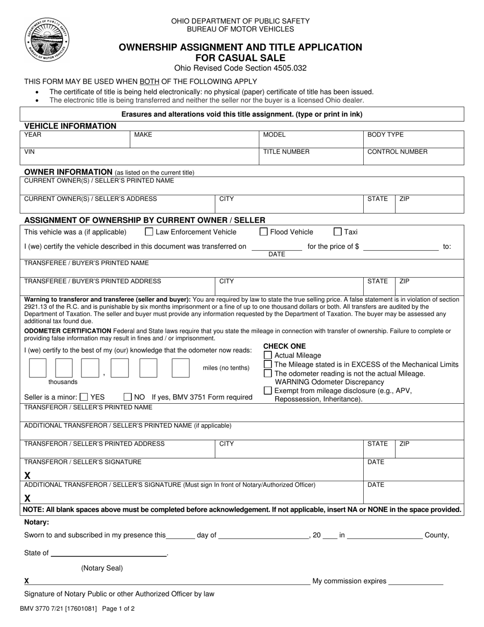 Form BMV3770 - Fill Out, Sign Online and Download Printable PDF, Ohio ...