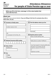 Form AA1 Download Printable PDF or Fill Online Attendance Allowance for ...