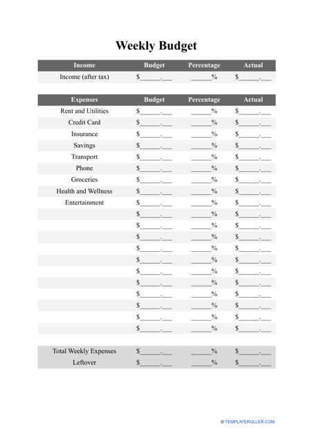Weekly Budget Template Download Printable PDF Templateroller