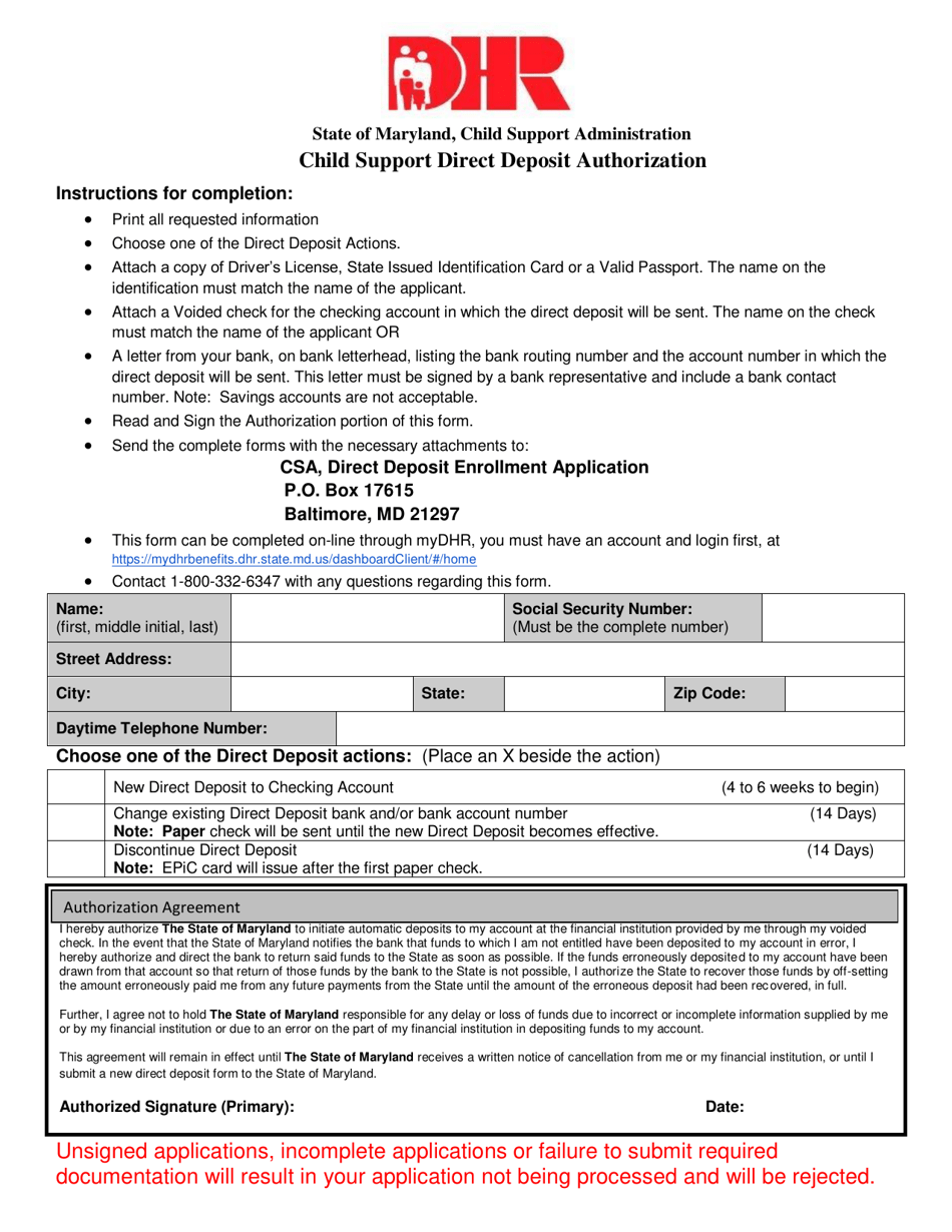 Maryland Child Support Direct Deposit Authorization Download Printable maryland-child-support-direct-deposit-authorization-download-printable