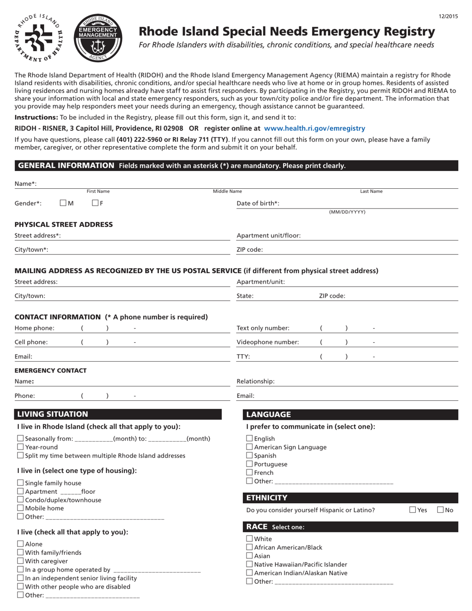 Rhode Island Rhode Island Special Needs Emergency Registry - Fill Out ...