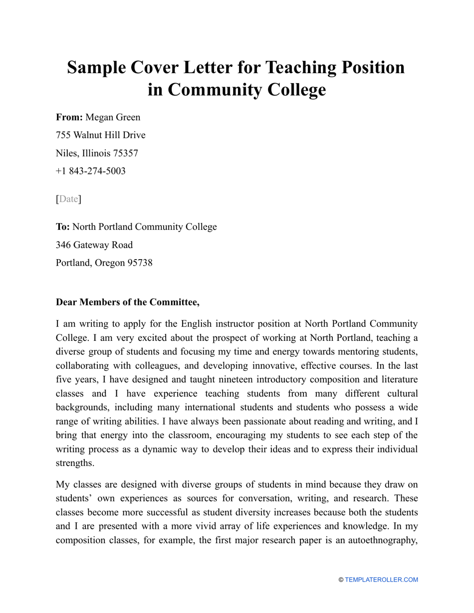 Sample Cover Letter For Teaching Position In Community College Download