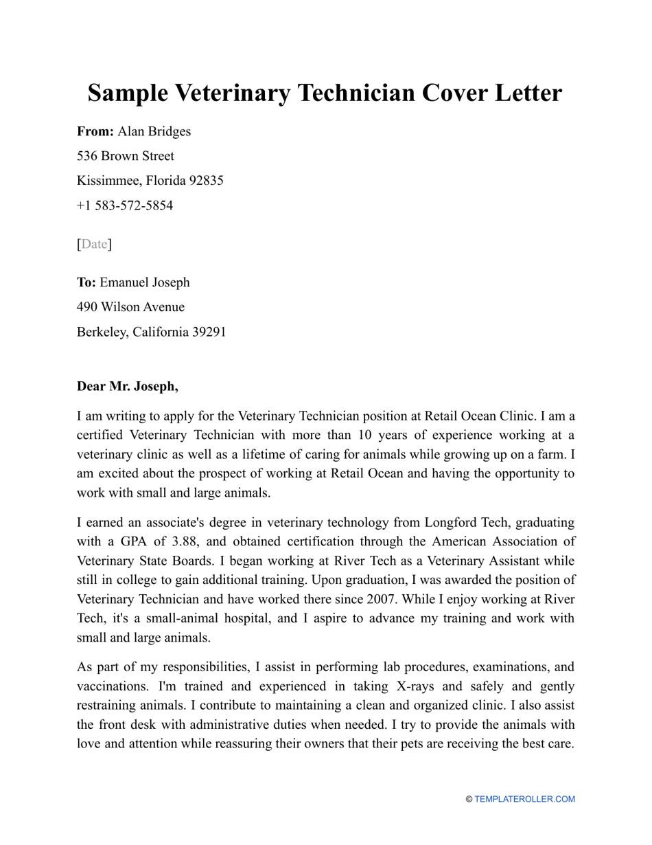 Sample Veterinary Technician Cover Letter Download Printable PDF