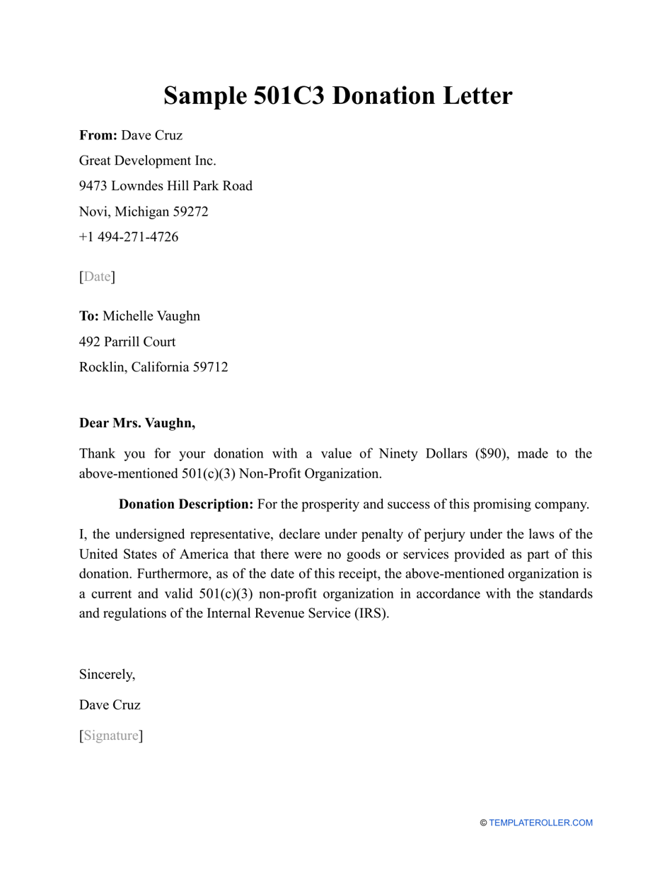 Sample 501c3 Donation Letter Fill Out Sign Online And Download PDF