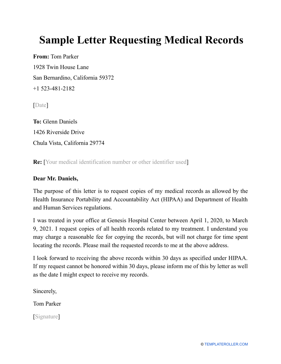 Sample Letter Reing Medical Records Download Printable PDF 