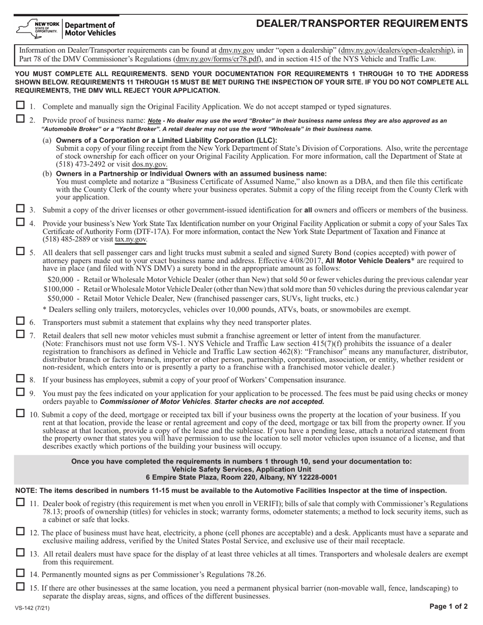 Form VS-142 Download Fillable PDF or Fill Online Dealer/Transporter ...