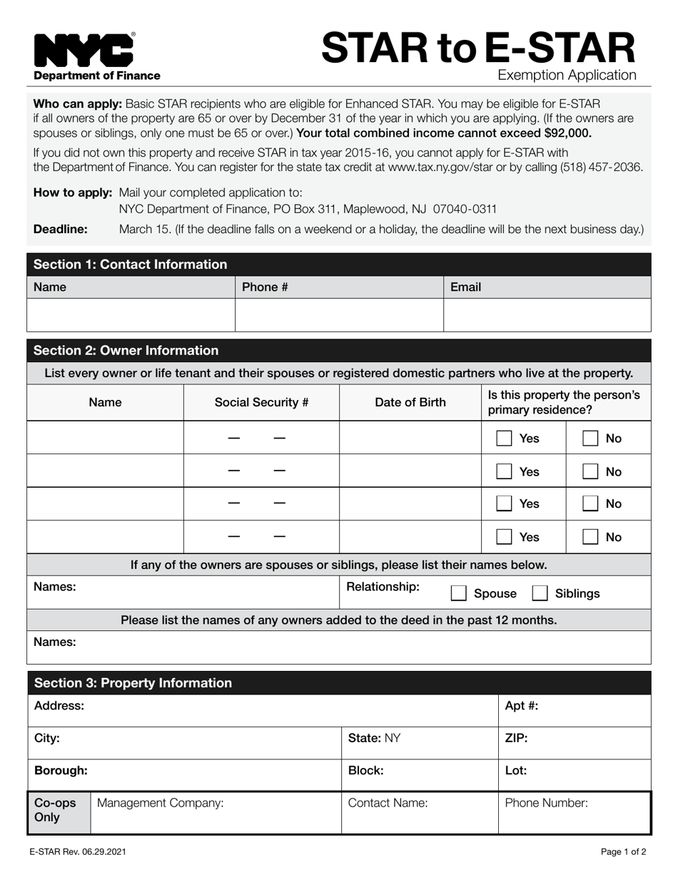 New York City Star to E-Star Exemption Application - Fill Out, Sign ...