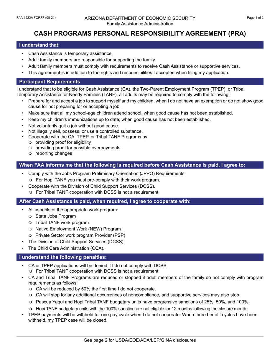 Form FAA-1523A Download Fillable PDF or Fill Online Cash Programs ...