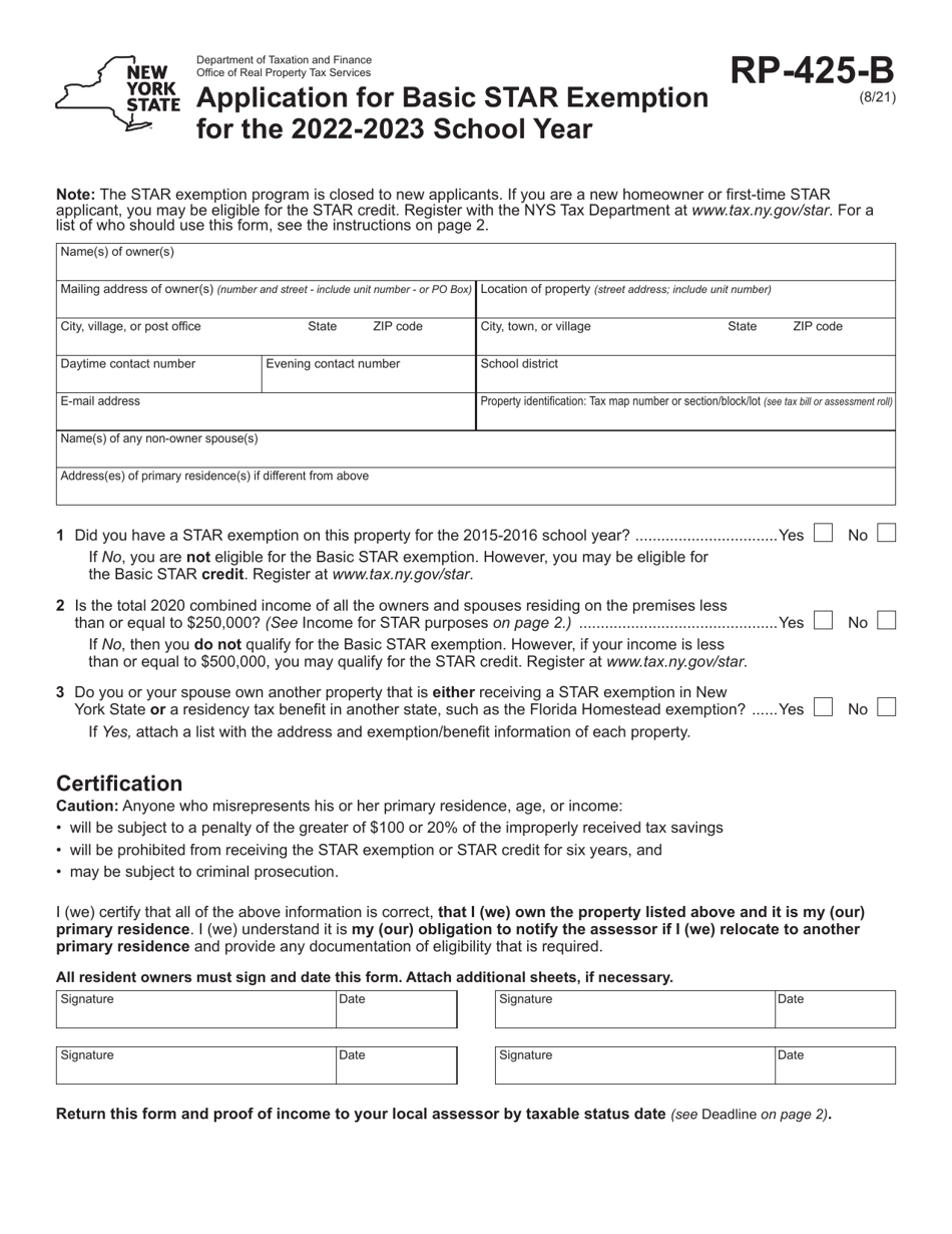 Form RP-425-B Download Fillable PDF or Fill Online Application for ...