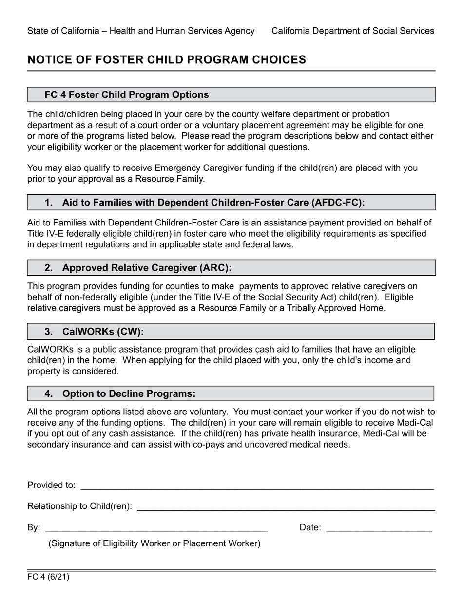 Form FC4 Download Fillable PDF or Fill Online Notice of Foster Child ...