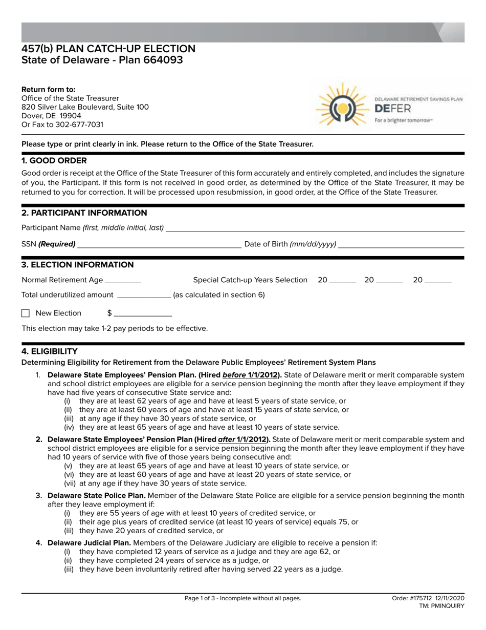 Delaware 457(B) Plan Catch-Up Election - Fill Out, Sign Online and ...