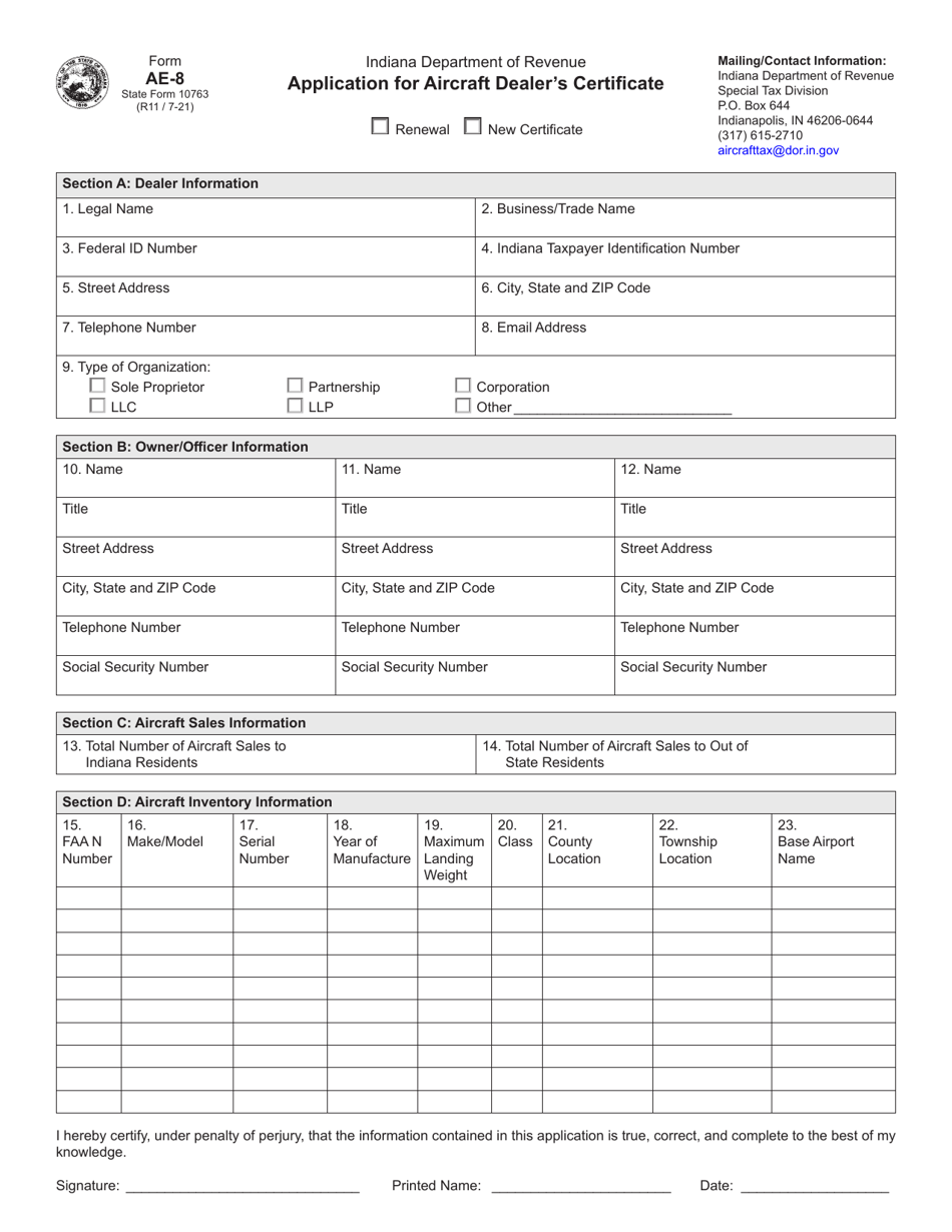Form AE-8 (State Form 10763) Download Fillable PDF or Fill Online ...