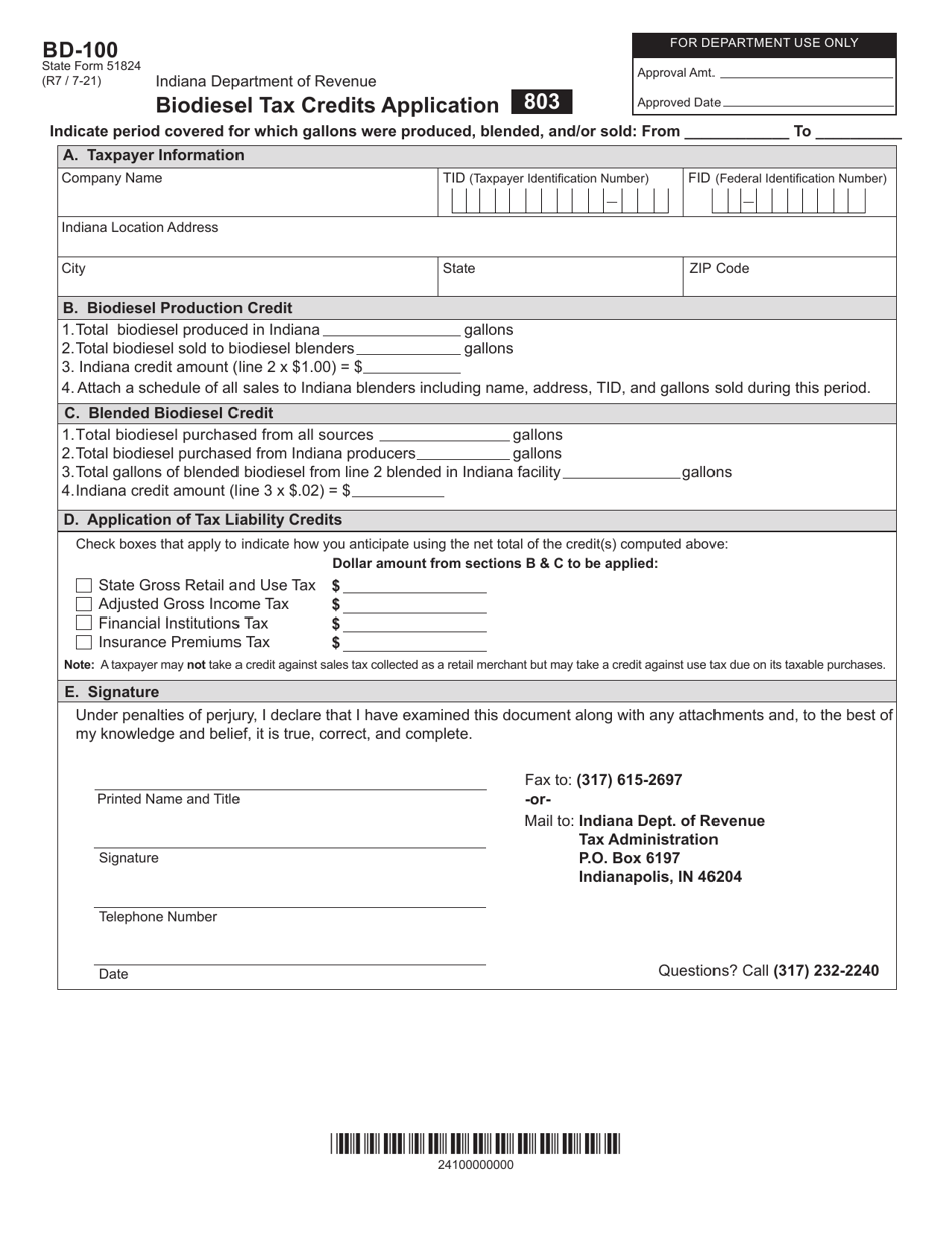Form BD-100 (State Form 51824) - Fill Out, Sign Online and Download ...