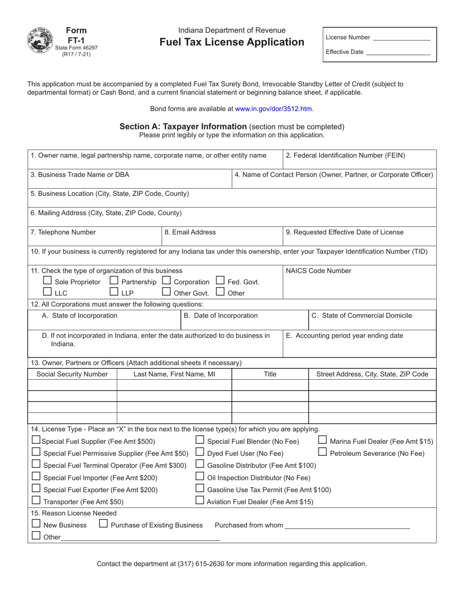Form FT-1 (State Form 46297) Download Fillable PDF or Fill Online Fuel ...