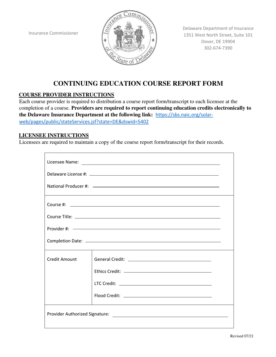 Delaware Continuing Education Course Report Form Download Fillable PDF ...