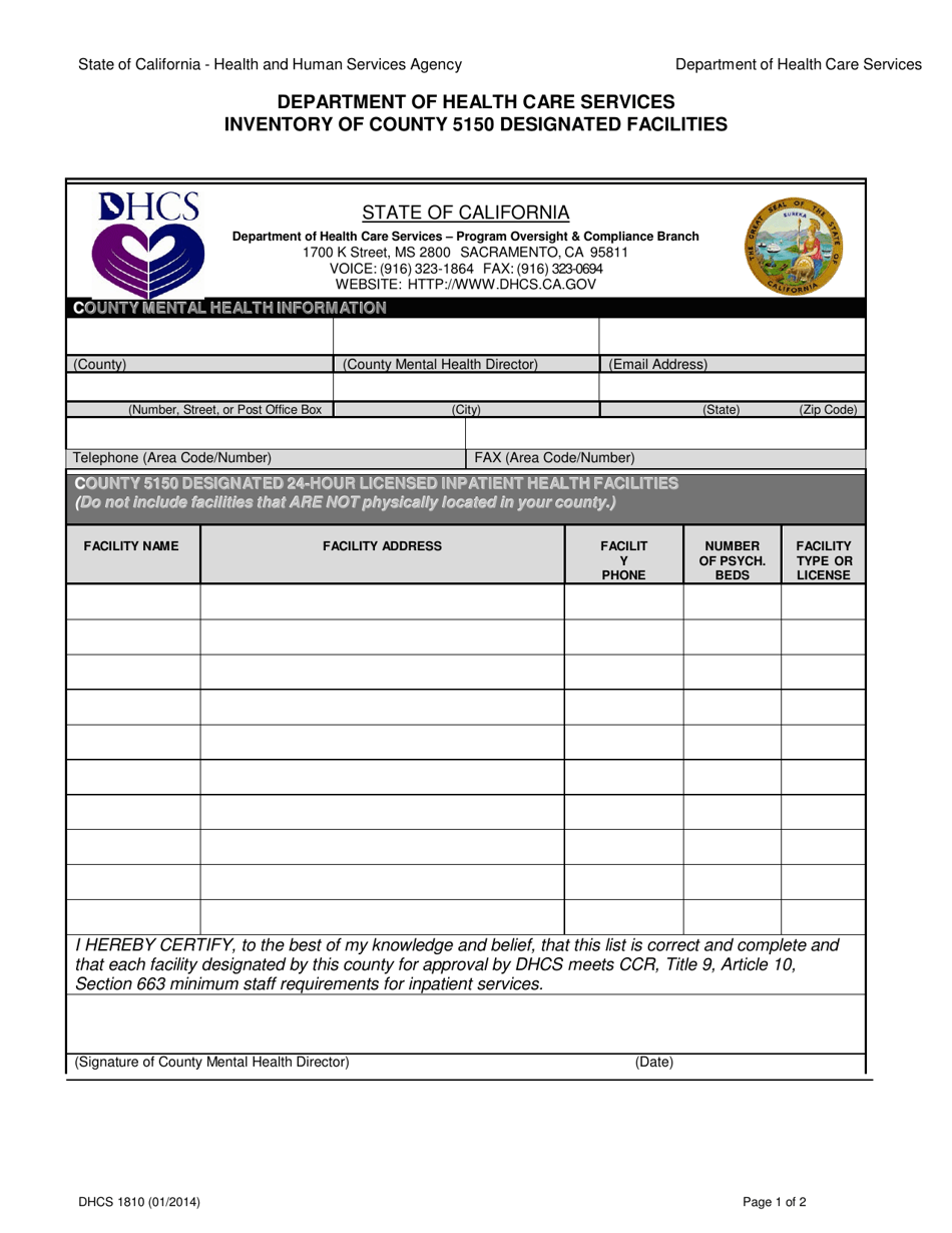 Form DHCS1810 - Fill Out, Sign Online and Download Fillable PDF ...