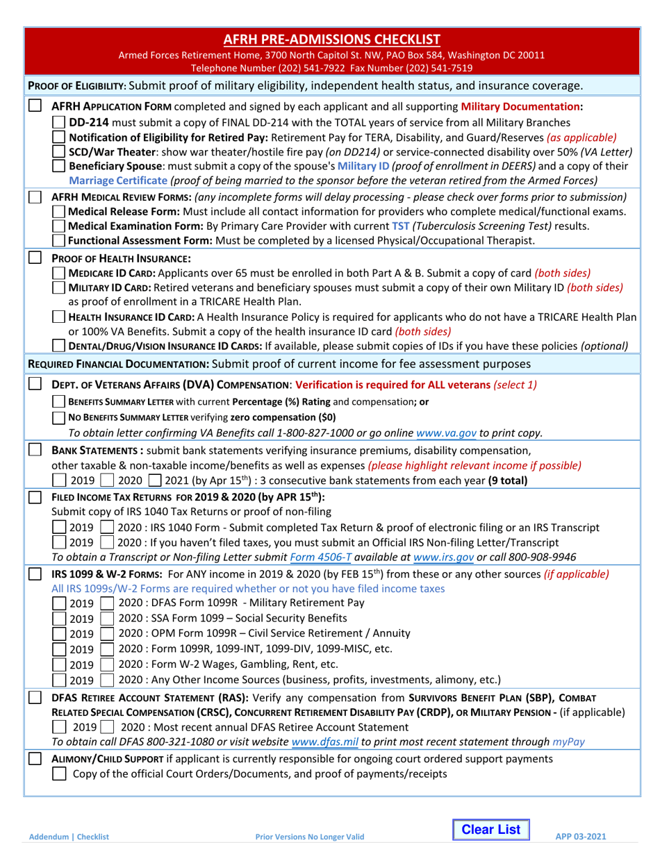Afrh Pre-admissions Checklist Download Fillable PDF | Templateroller