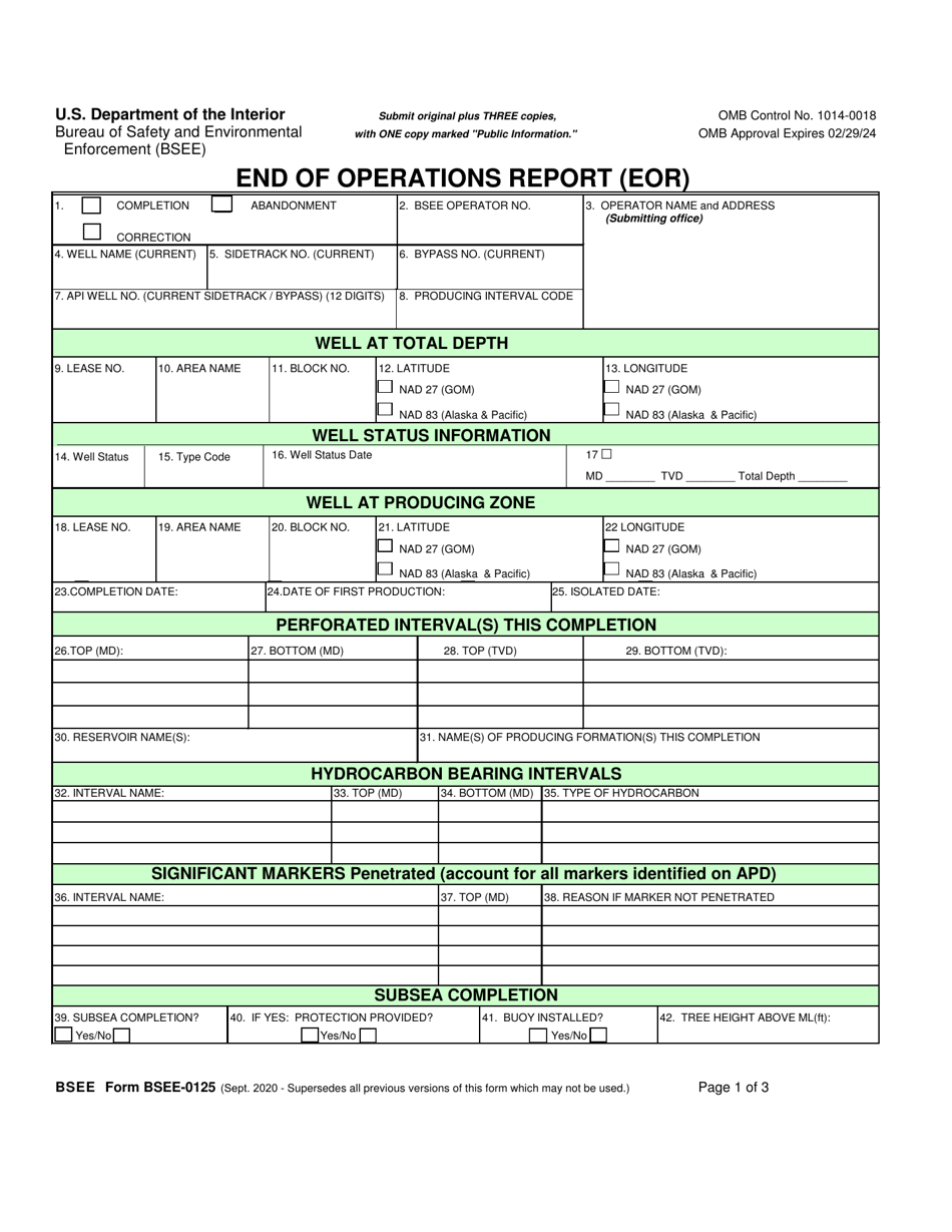 Form BSEE-0125 Download Fillable PDF or Fill Online End of Operations ...