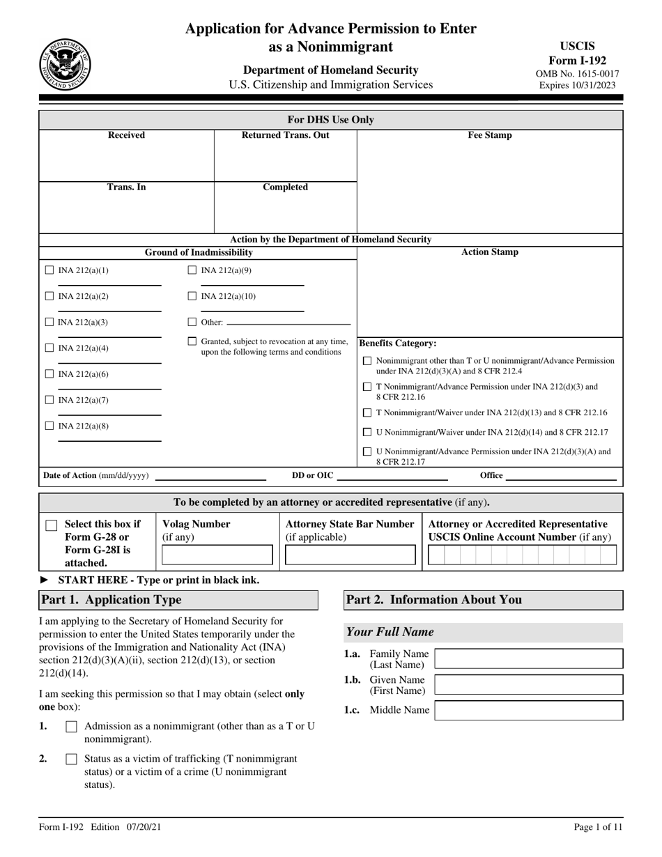 USCIS Form I-192 Download Fillable PDF or Fill Online Application for ...