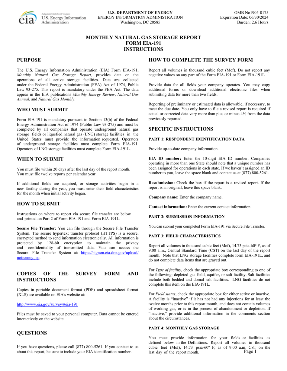 Download Instructions for Form EIA-191 Monthly Underground Natural Gas ...