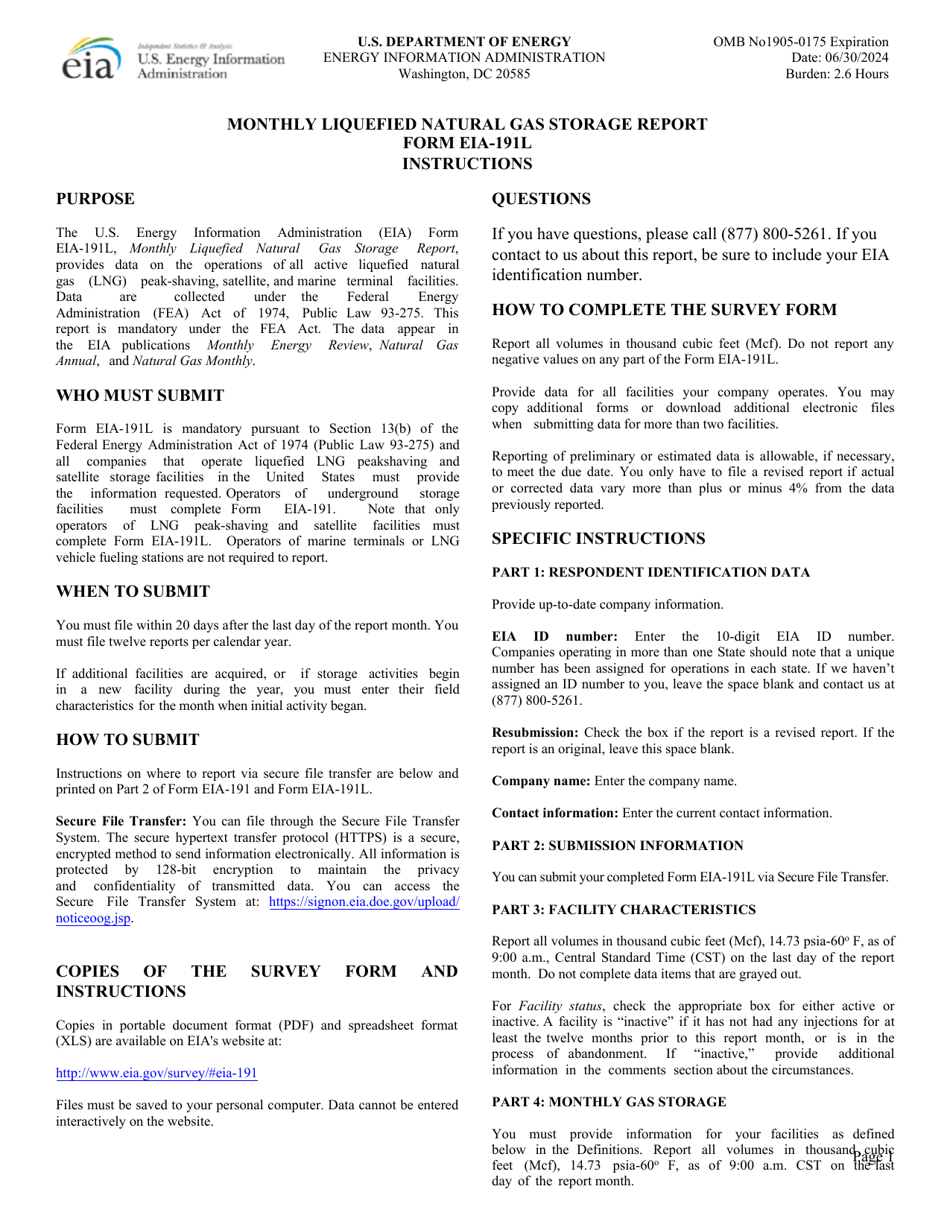 Download Instructions for Form EIA-191L Monthly Liquefied Natural Gas ...