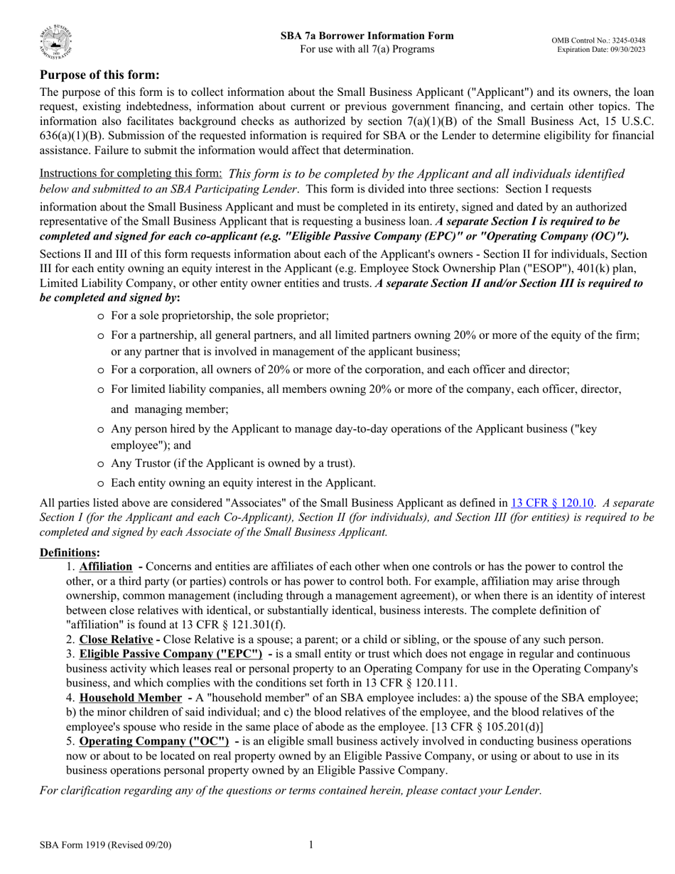 SBA Form 1919 Download Fillable PDF or Fill Online SBA 7(A) Borrower ...