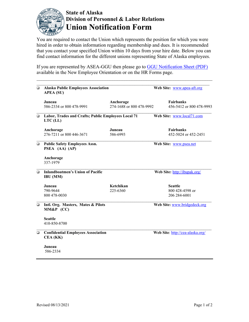Alaska Union Notification Form - Fill Out, Sign Online and Download PDF ...