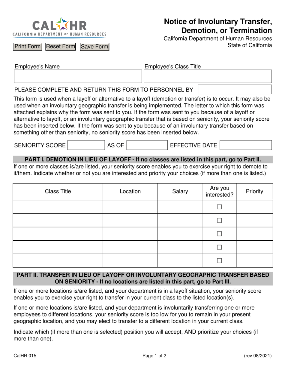 Form CALHR015 Download Fillable PDF or Fill Online Notice of ...