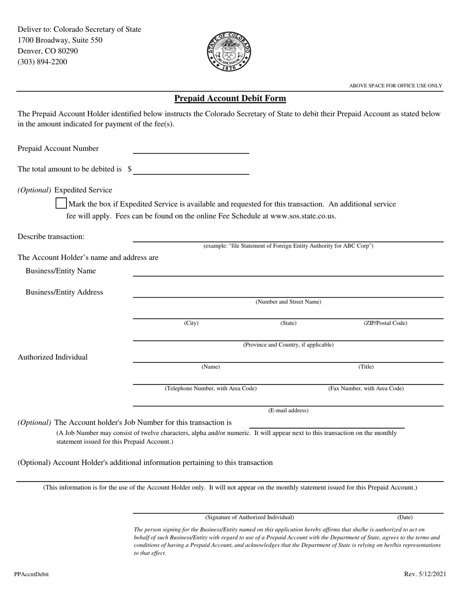 Colorado Prepaid Account Debit Form Download Fillable PDF | Templateroller