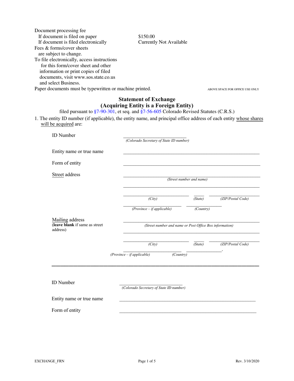 Colorado Statement of Exchange (Acquiring Entity Is a Foreign Entity ...