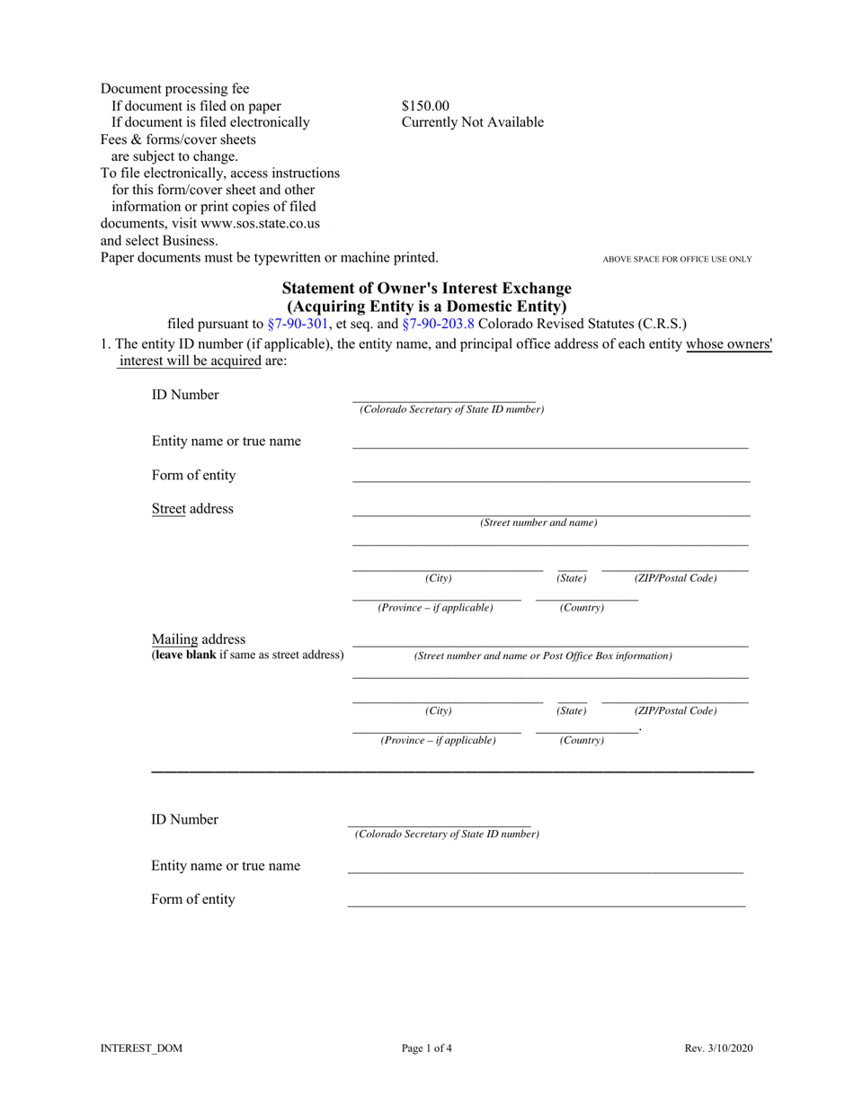 Colorado Statement of Owner's Interest Exchange (Acquiring Entity Is a ...