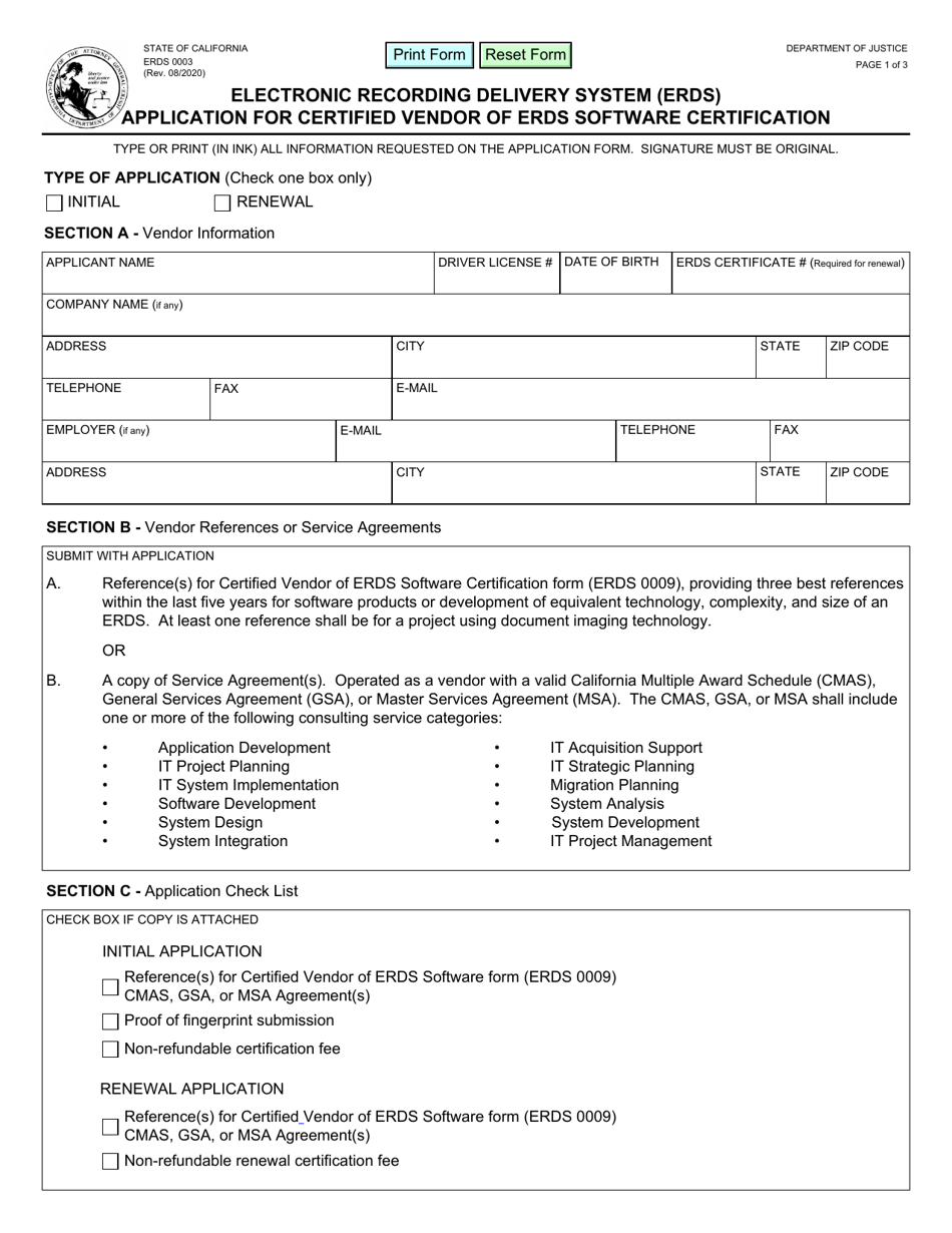 Form ERDS0003 Download Fillable PDF or Fill Online Electronic Recording ...