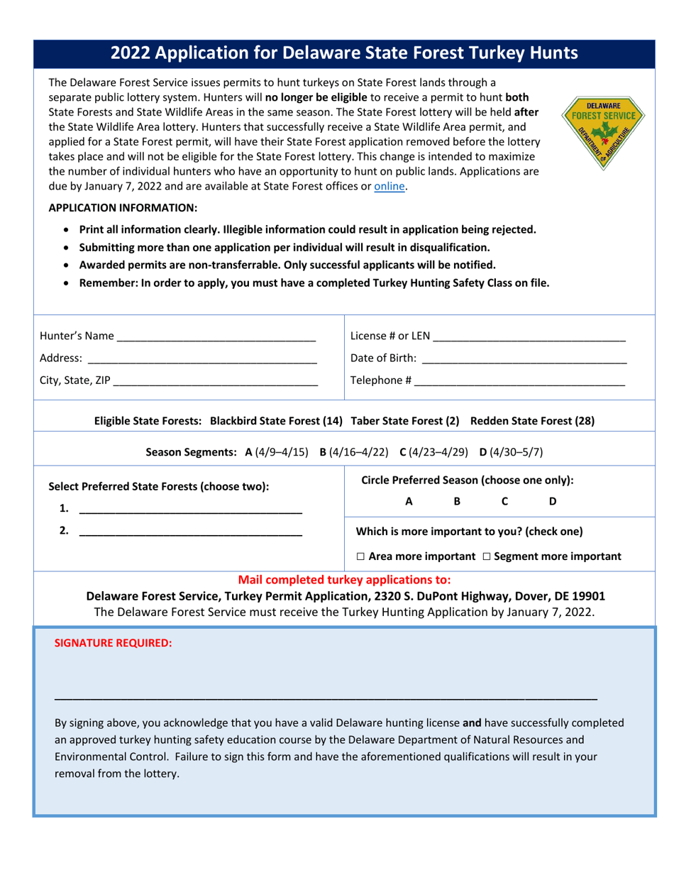 2022 Delaware Application for Delaware State Forest Turkey Hunts ...