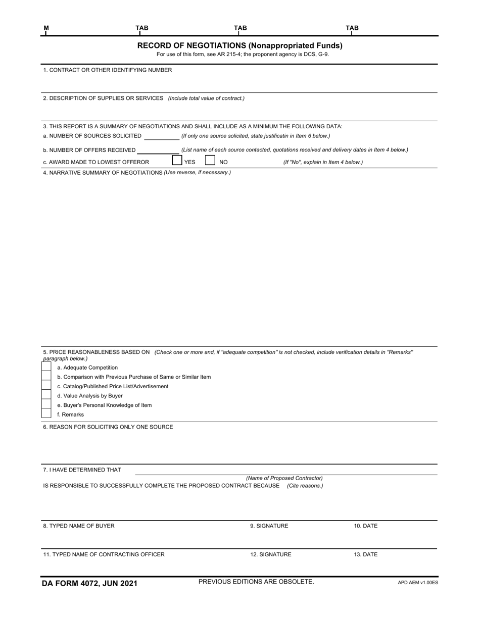 DA Form 4072 Download Fillable PDF or Fill Online Record of ...