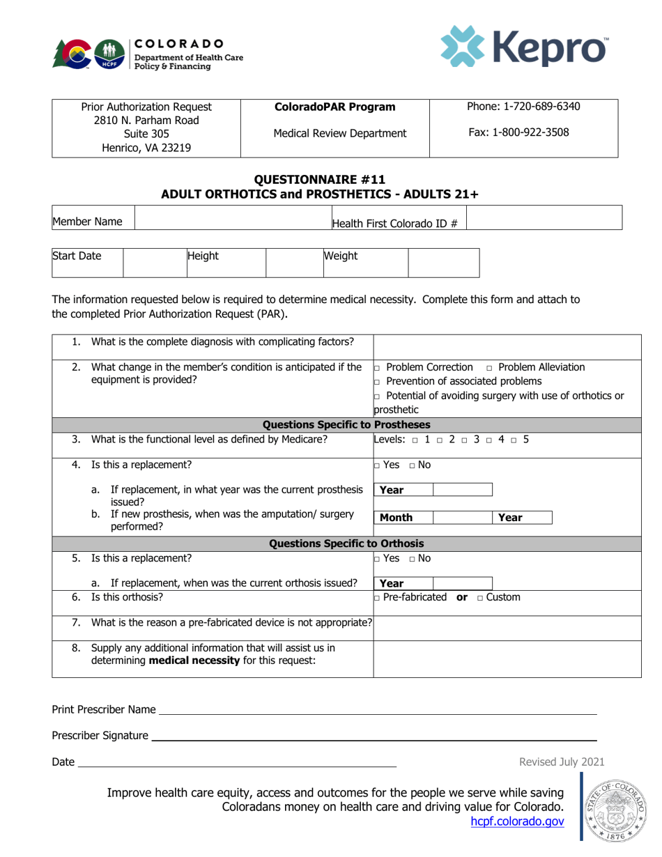 Colorado Questionnaire #11 - Adult Orthotics and Prosthetics - Adults ...