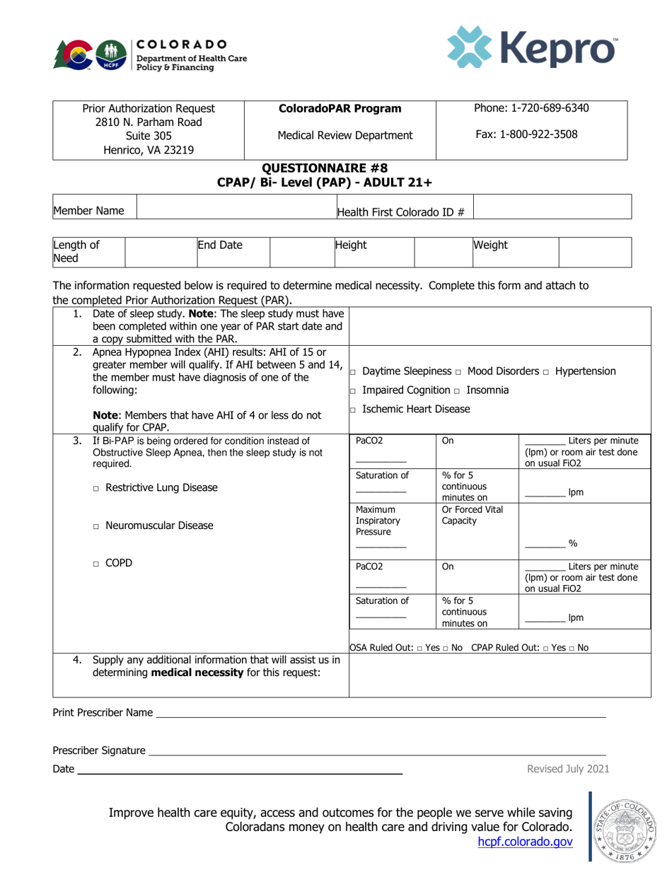 Colorado Prior Authorization Request Questionnaire #8 - Cpap/BI- Level ...