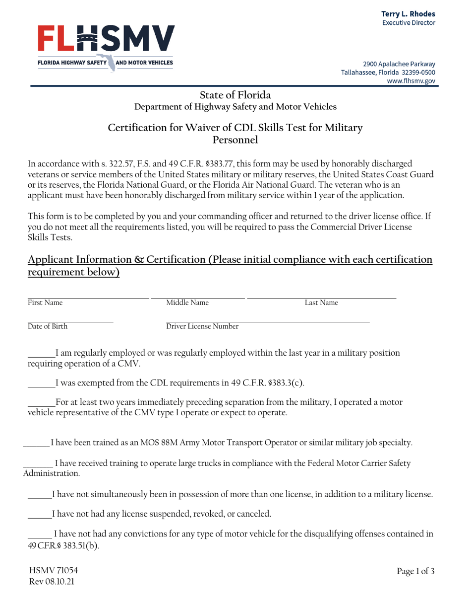 Form HSMV71054 - Fill Out, Sign Online and Download Printable PDF ...