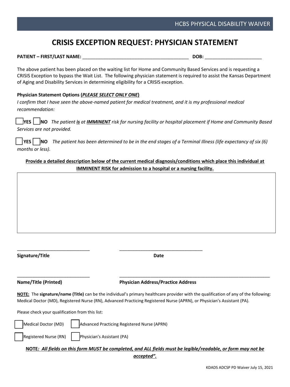 Kansas Crisis Exception Request: Physician Statement Download Fillable ...