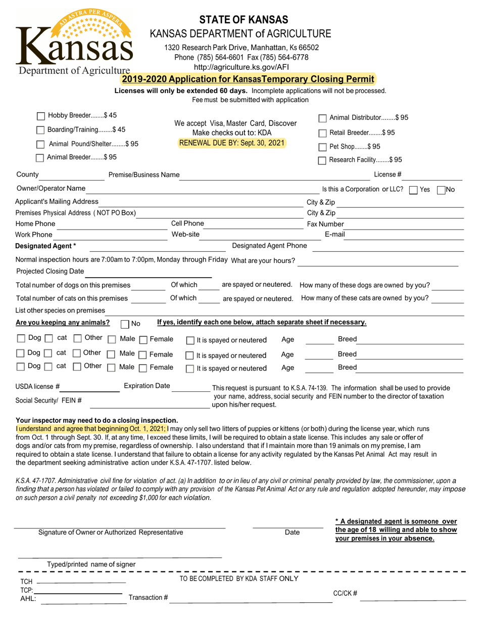 2020 Kansas Application For Kansas Temporary Closing Permit Fill Out